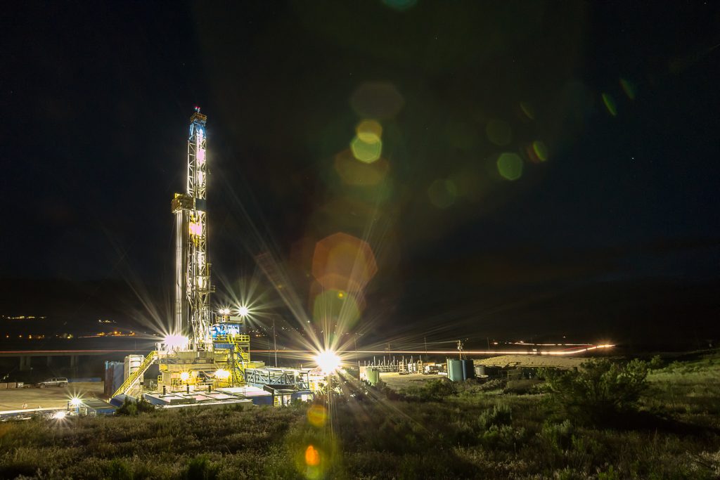 Fracking Drill Rig at Night - Horizontal Wireline Services